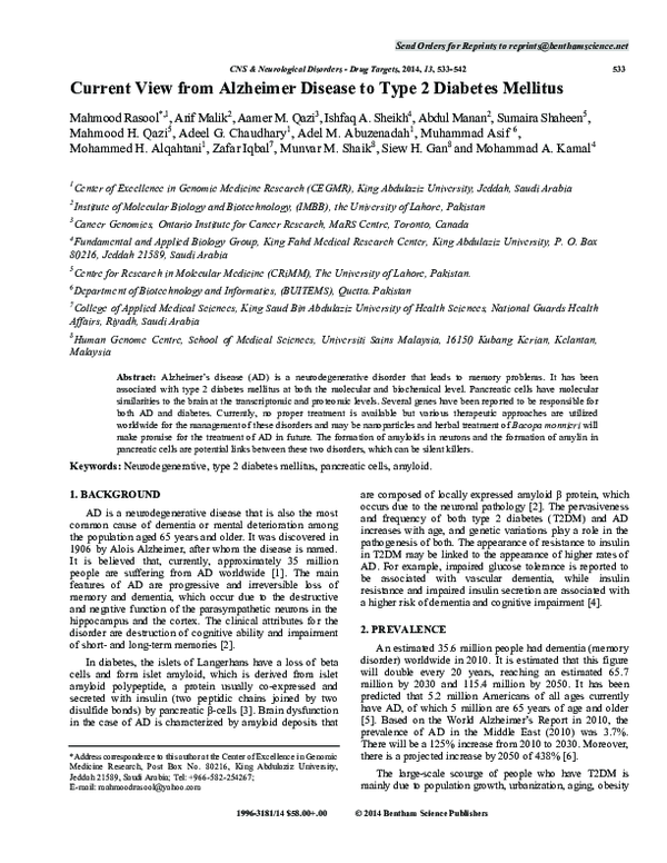 (PDF) Current view AD T2DM CNS Drug Targets