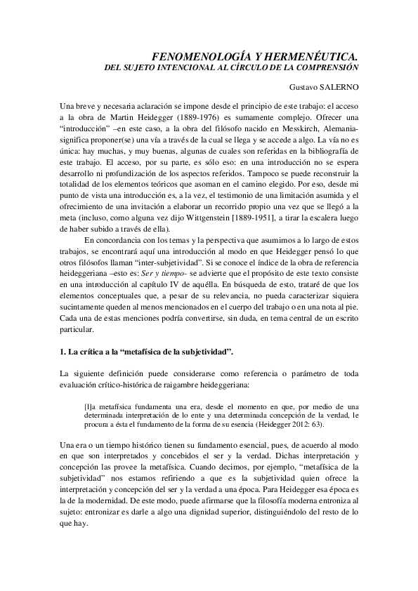(PDF) FENOMENOLOGÍA Y HERMENÉUTICA. DEL SUJETO INTENCIONAL AL CÍRCULO DE LA COMPRENSIÓN