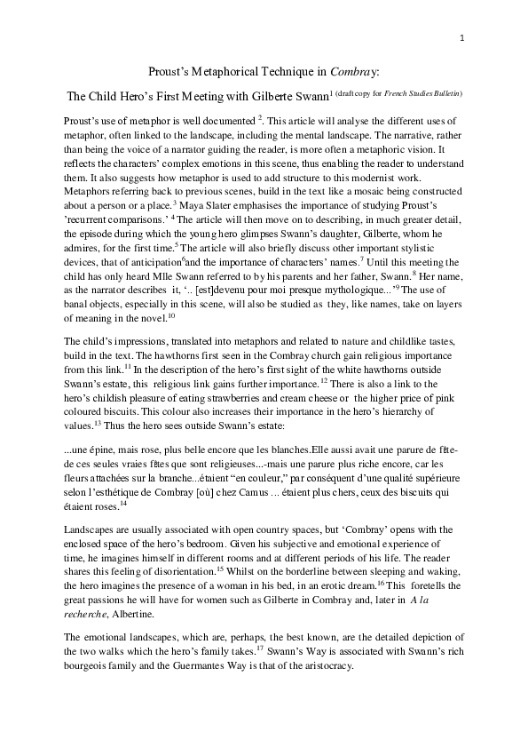 (DOC) Proust's Metaphorical Technique in 'Combray.' The Hero's First ...