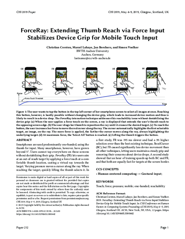 (PDF) ForceRay: Extending Thumb Reach via Force Input Stabilizes Device Grip for Mobile Touch Input