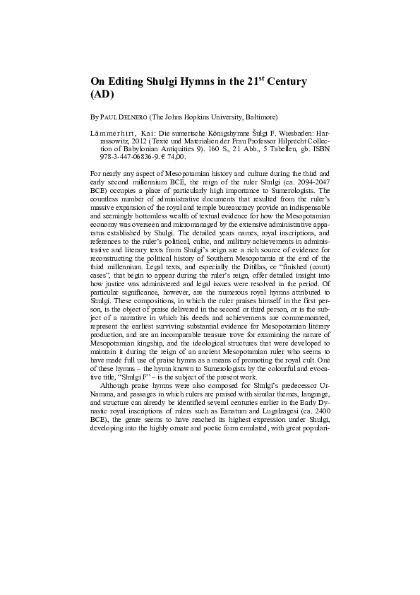 (PDF) On Editing Shulgi Hymns in the 21st Century (AD)