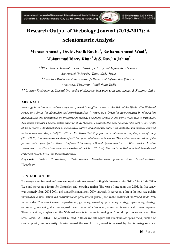 (PDF) Research Output of Webology Journal (2013-2017): A Scientometric ...