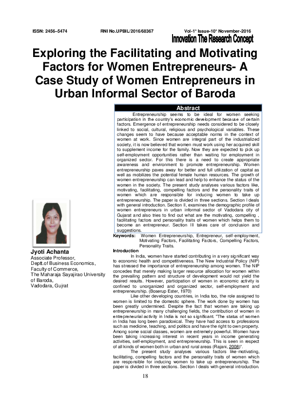 (PDF) Exploring the Facilitating and Motivating Factors for Women Entrepreneurs-A Case Study of ...
