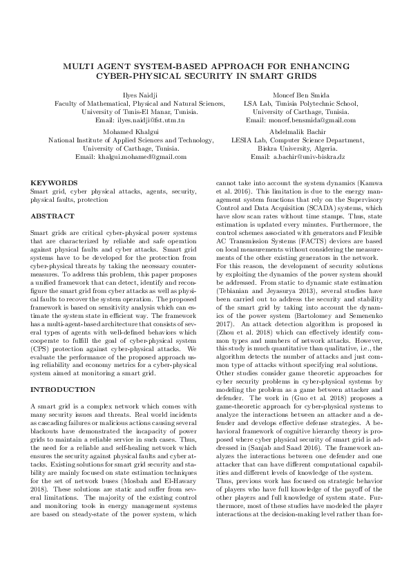 (PDF) Multi Agent System-based Approach for Enhancing Cyber-Physical Security in Smart Grids