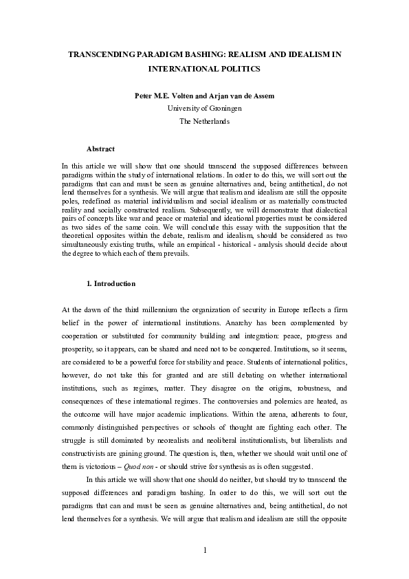 (PDF) TRANSCENDING PARADIGM BASHING: REALISM AND IDEALISM IN INTERNATIONAL POLITICS