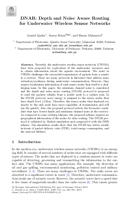 Pdf Dnar Depth And Noise Aware Routing For Underwater Wireless Sensor Networks Uwsns