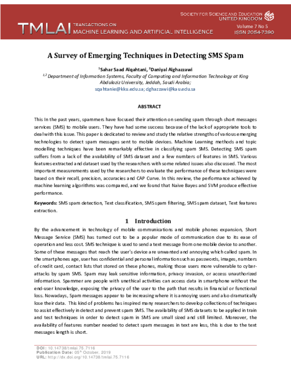 (PDF) A Survey of Emerging Techniques in Detecting SMS Spam