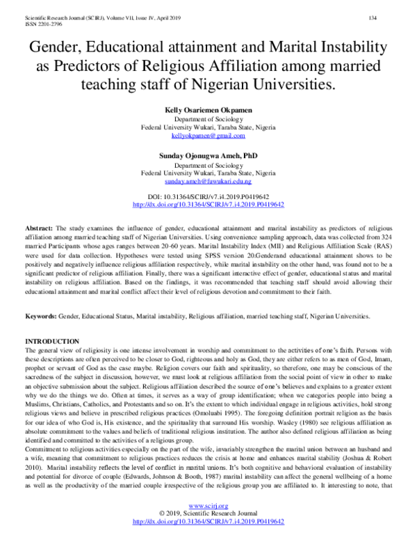 (PDF) Gender, Educational attainment and Marital Instability as ...