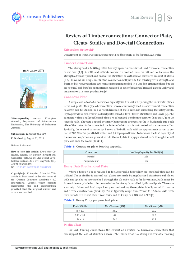 (PDF) Review of Timber connections: Connector Plate, Cleats, Studies ...
