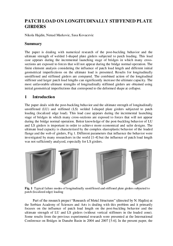 (PDF) Patch load on longitudinally stiffened plate girders