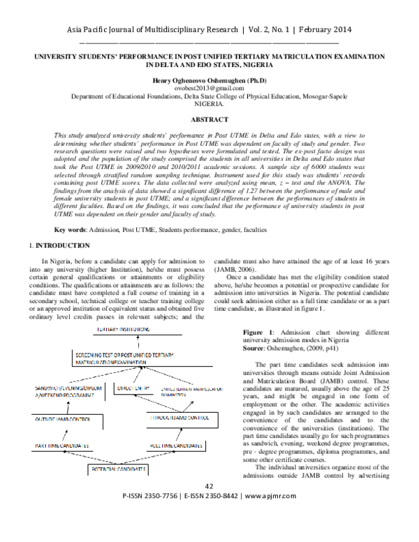 (PDF) UNIVERSITY STUDENTS' PERFORMANCE IN POST UNIFIED TERTIARY ...