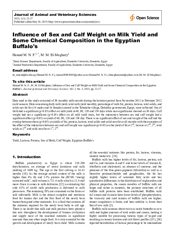 Pdf Influence Of Sex And Calf Weight On Milk Yield And Some Chemical
