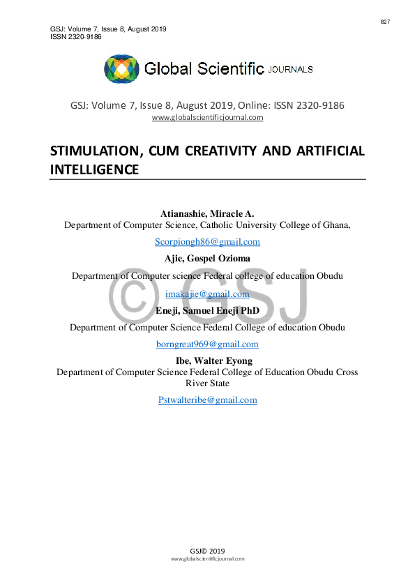 (PDF) STIMULATION, CUM CREATIVITY AND ARTIFICIAL INTELLIGENCE