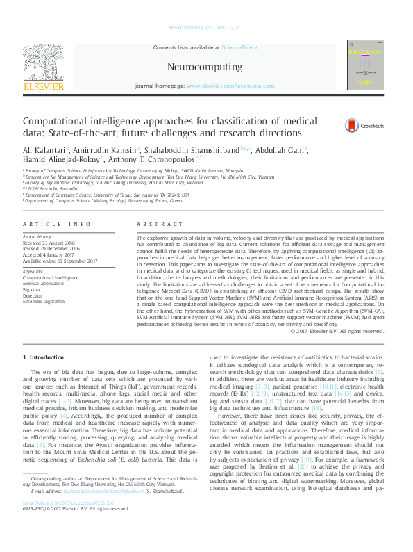 Pdf Computational Intelligence Approaches For Classification Of Medical Data State Of The Art