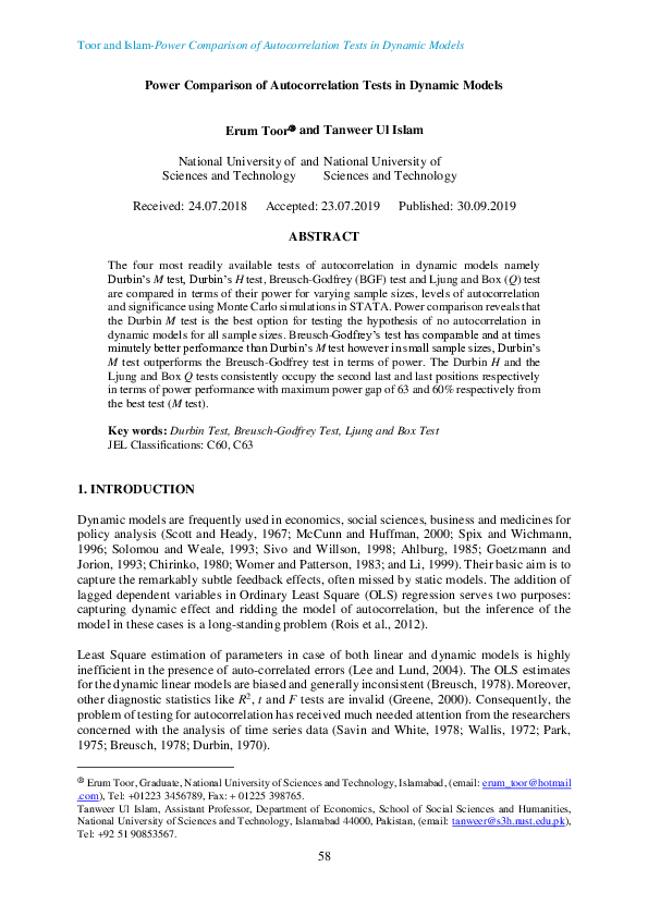Pdf Power Comparison Of Autocorrelation Tests In Dynamic Models