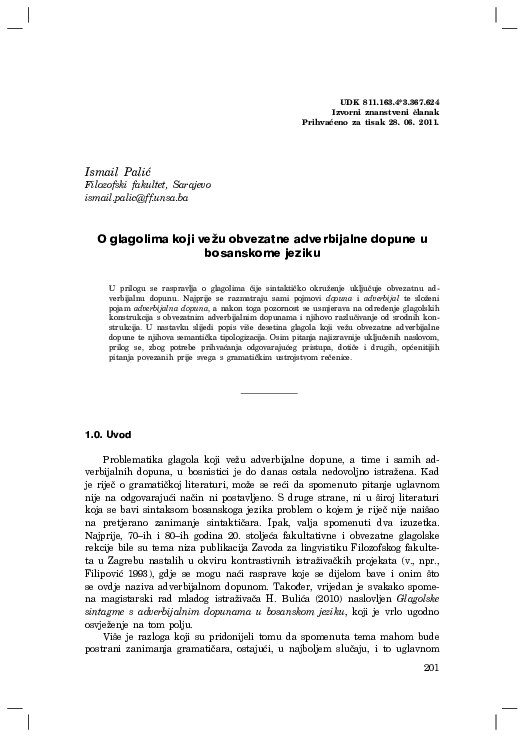 (PDF) O GLAGOLIMA KOJI VEŽU OBVEZATNE ADVERBIJALNE DOPUNE U BOSANSKOME JEZIKU