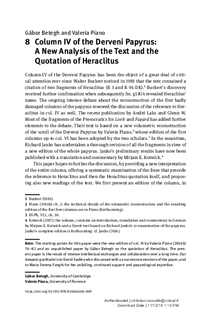 (PDF) Column IV of the Derveni Papyrus A New Analysis of the Text and ...