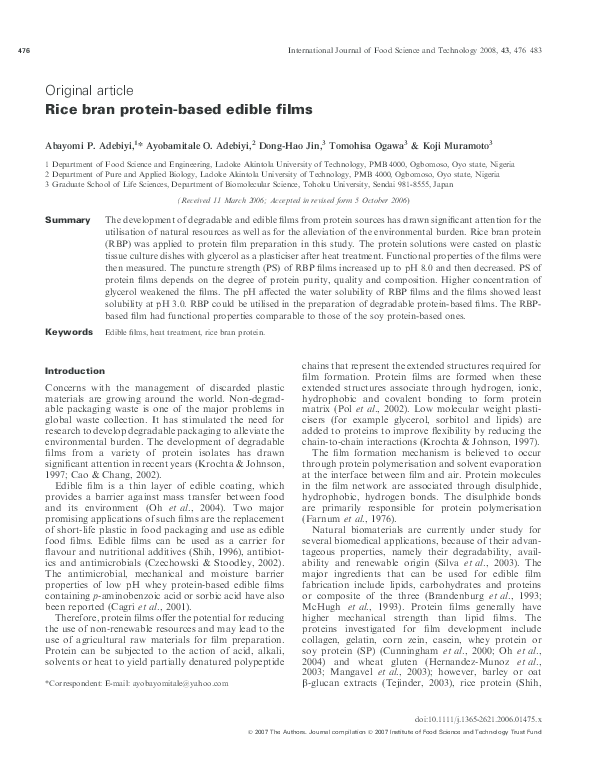 (PDF) Rice bran protein-based edible films