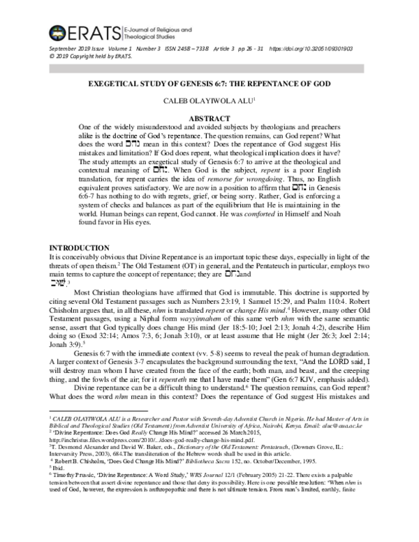 (PDF) EXEGETICAL STUDY OF GENESIS 6:7: THE REPENTANCE OF GOD