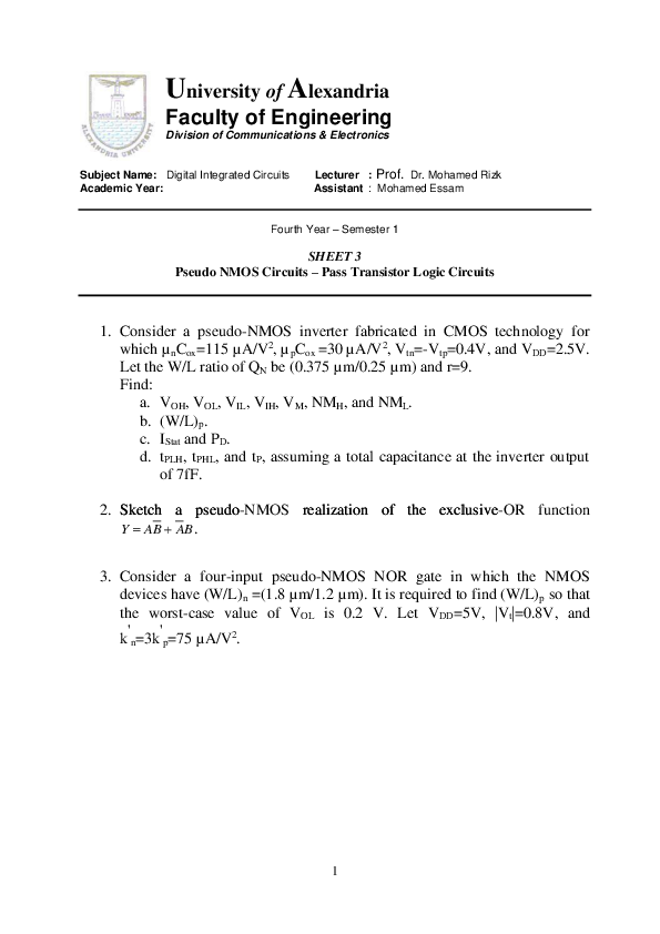 (PDF) SHEET 3 Pseudo NMOS Circuits -Pass Transistor Logic Circuits