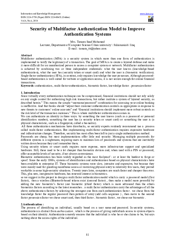 (PDF) Security of Multifactor Authentication Model to Improve Authentication Systems