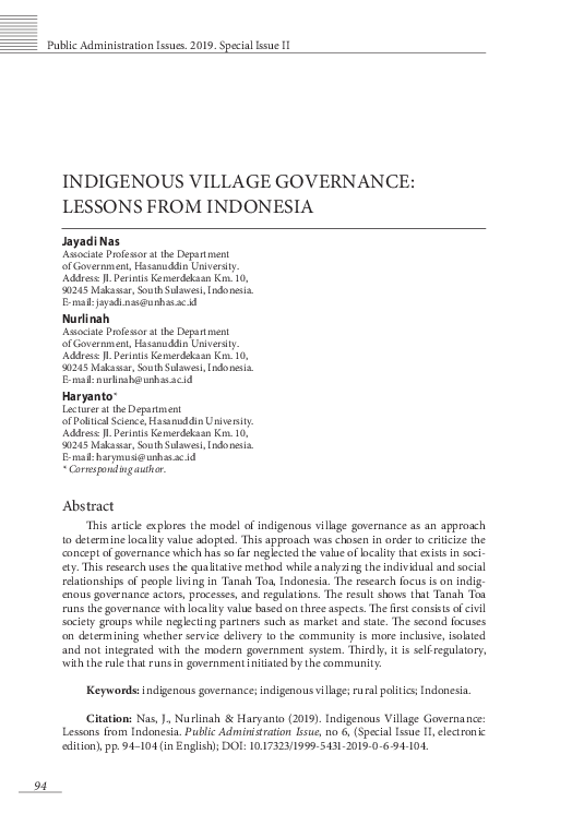 (PDF) INDIGENOUS VILLAGE GOVERNANCE: LESSONS FROM INDONESIA