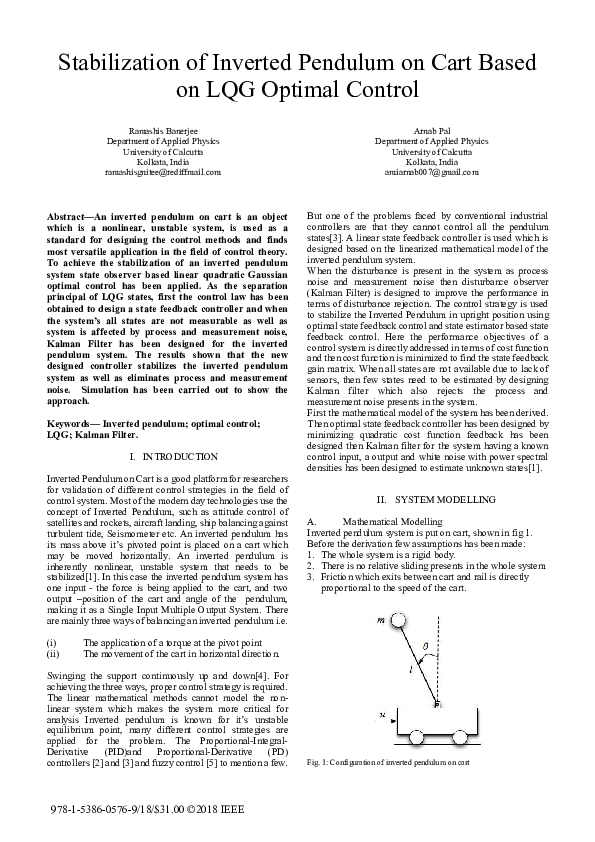 (PDF) Stabilization of Inverted Pendulum on Cart Based on LQG Optimal Control
