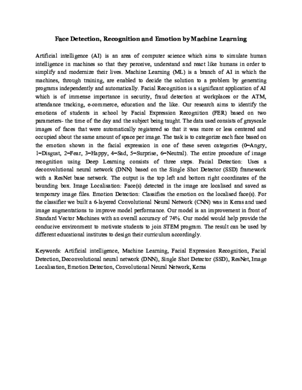 (PDF) Face Detection, Recognition and Emotion by Machine Learning