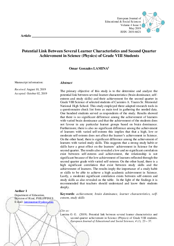 (PDF) Potential Link Between Learner Characteristics and Second Quarter ...