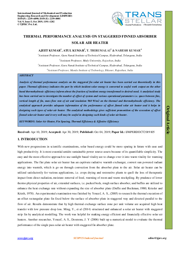 (PDF) THERMAL PERFORMANCE ANALYSIS ON STAGGERED FINNED ABSORBER SOLAR ...