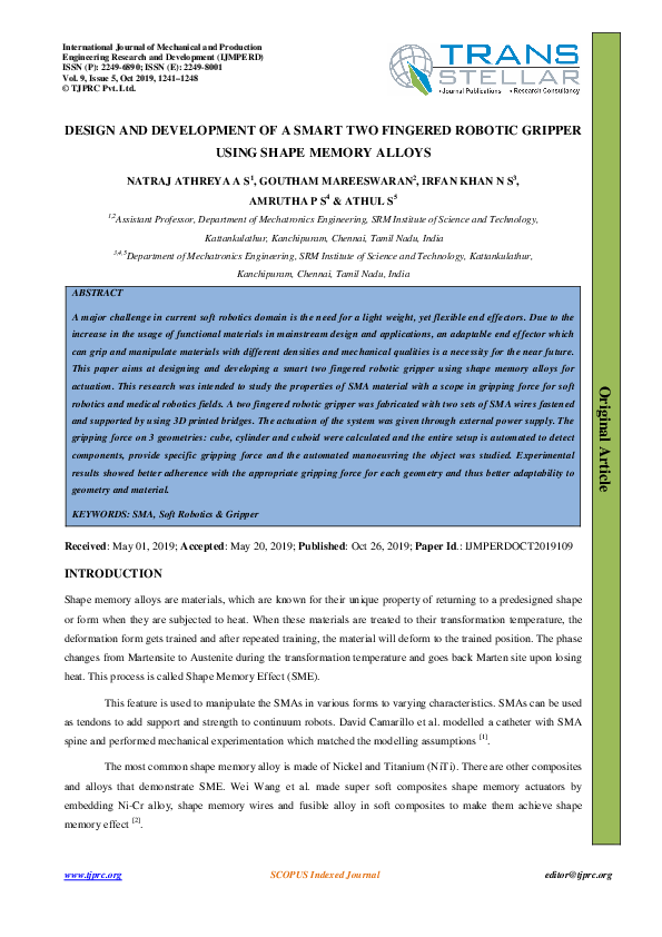Pdf Design And Development Of A Smart Two Fingered Robotic Gripper Using Shape Memory Alloys
