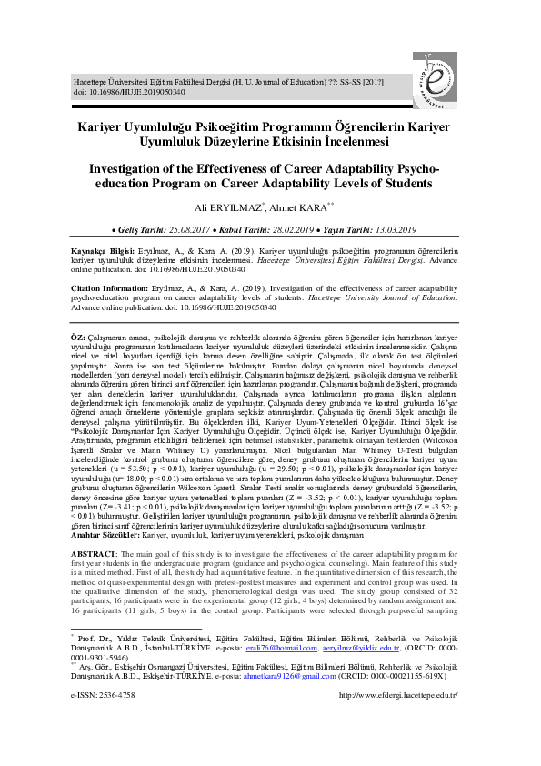 (PDF) Investigation of the Effectiveness of Career Adaptability Psycho- education Program on ...