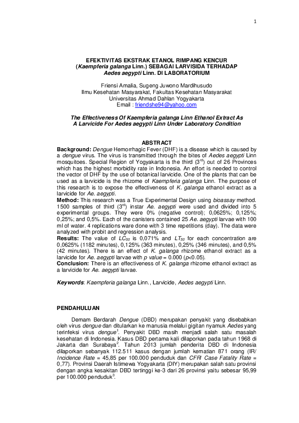 (PDF) EFEKTIVITAS EKSTRAK ETANOL RIMPANG KENCUR (Kaempferia galanga ...