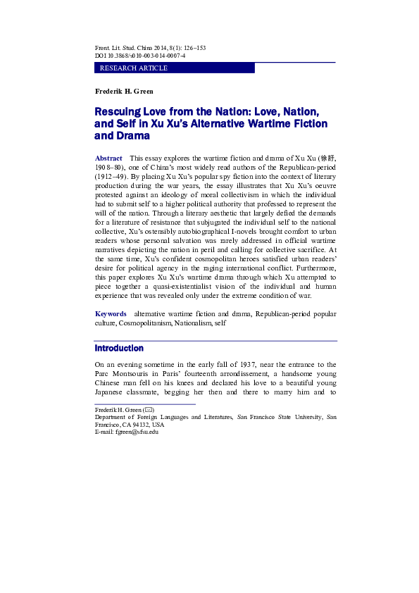 (PDF) Rescuing Love from the Nation: Love, Nation, and Self in Xu Xu’s ...