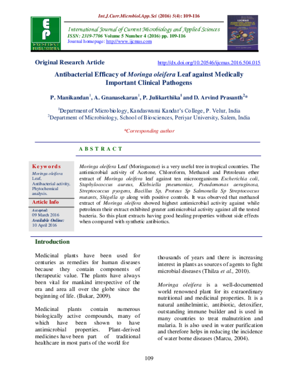 (PDF) Antibacterial Efficacy of Moringa oleifera Leaf against Medically Important Clinical Pathogens
