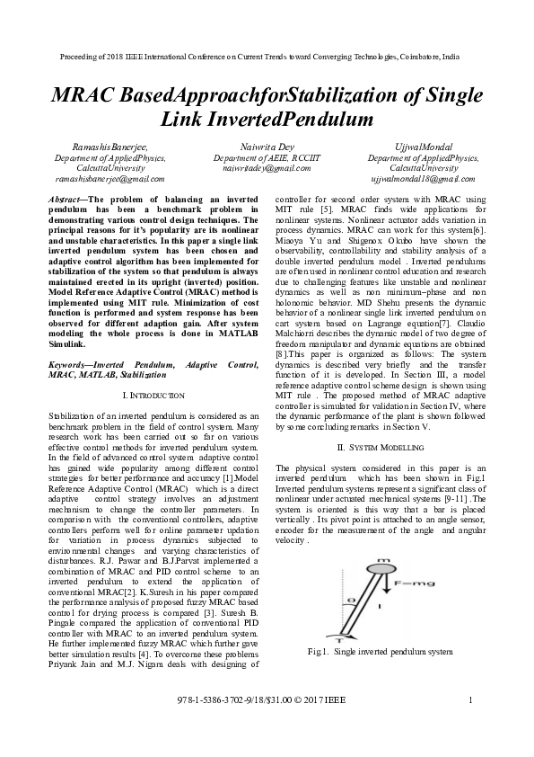 (PDF) MRAC Based Approach for Stabilization of Single Link Inverted ...