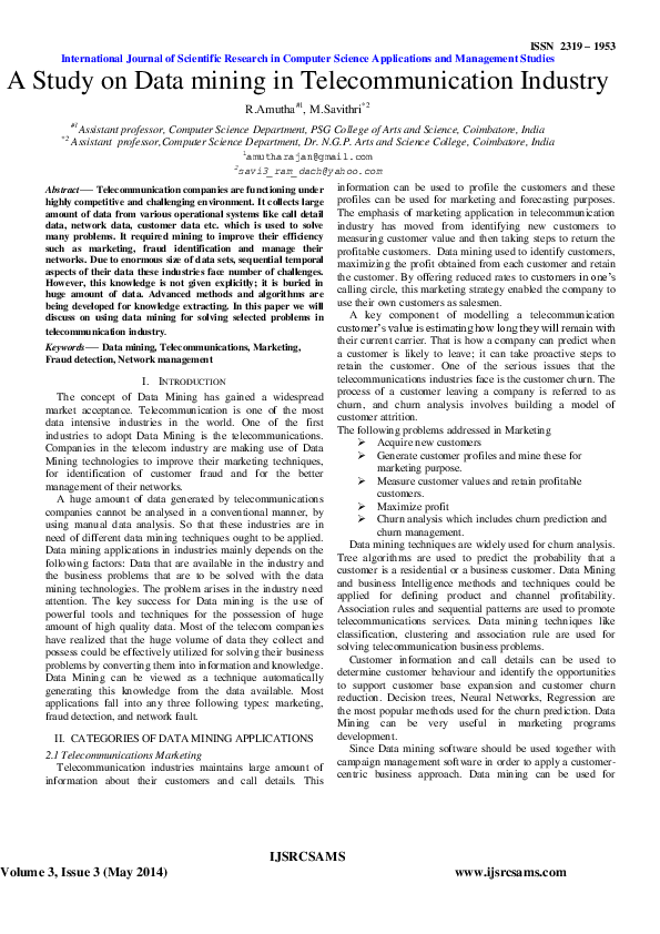 (PDF) A Study on Data mining in Telecommunication Industry