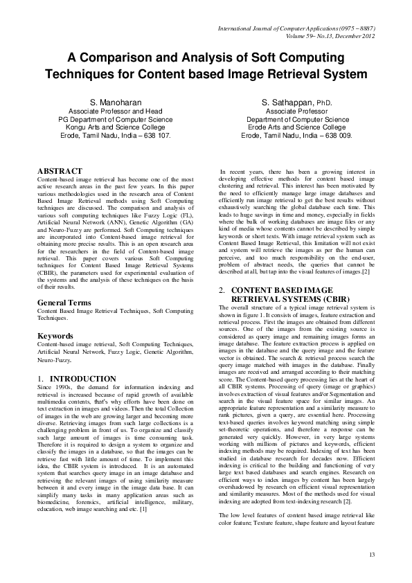 Pdf A Comparison And Analysis Of Soft Computing Techniques For Content Based Image Retrieval