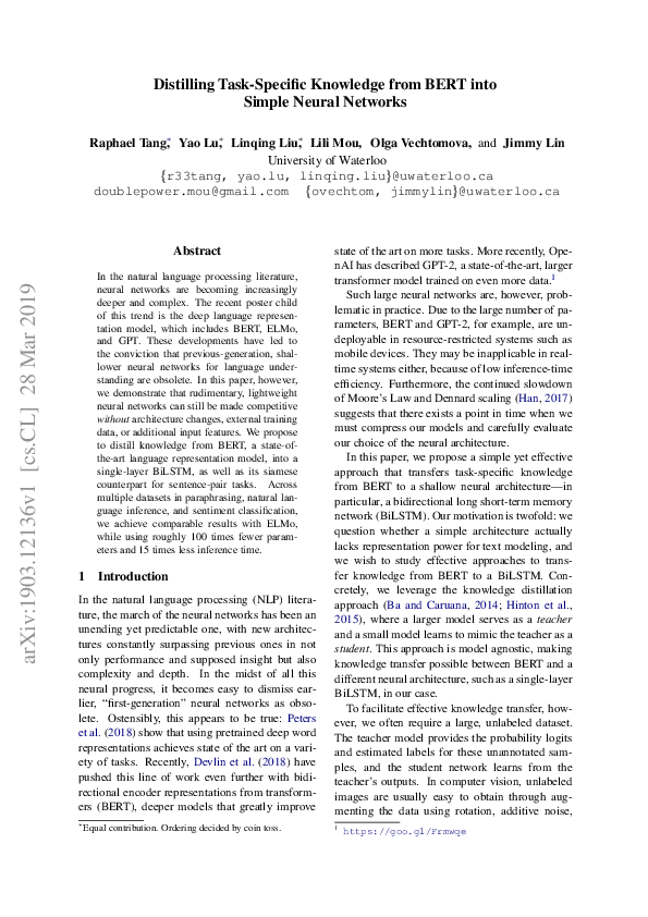 Pdf Distilling Task Specific Knowledge From Bert Into Simple Neural Networks