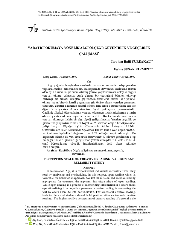 (PDF) PERCEPTION SCALE OF CREATIVE READING: VALIDITY AND RELIABILITY STUDY