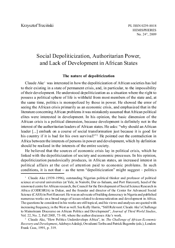 (PDF) Social Depoliticization, Authoritarian Power, and Lack of ...