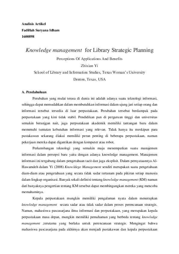 (DOC) Analisis Artikel Fadillah Suryana Idham 1600898 Knowledge management for Library Strategic ...