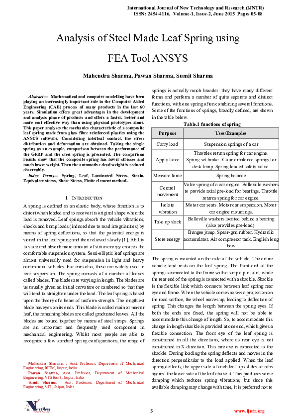 (PDF) Analysis of Steel Made Leaf Spring using FEA Tool ANSYS