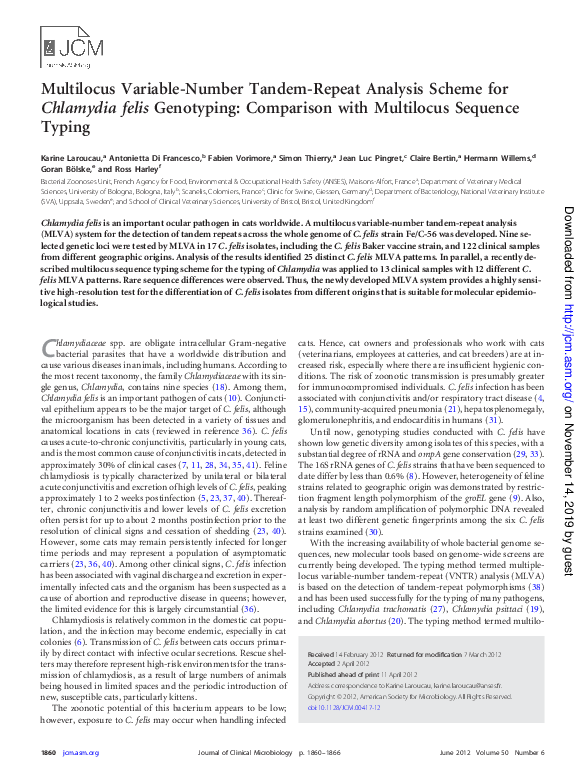 (PDF) Multilocus variable-number tandem-repeat analysis scheme for chlamydia felis genotyping ...