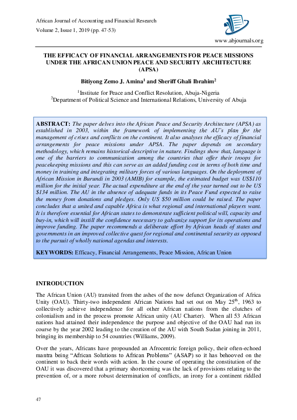 (PDF) THE EFFICACY OF FINANCIAL ARRANGEMENTS FOR PEACE MISSIONS UNDER ...
