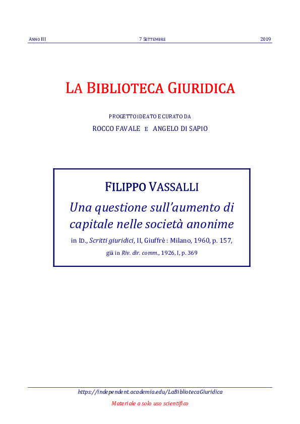 (PDF) Filippo Vassalli, Una questione sull’aumento di capitale nelle ...