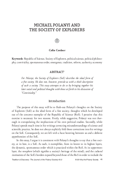 (PDF) Michael Polanyi and the Society of Explorers | Colin Cordner ...