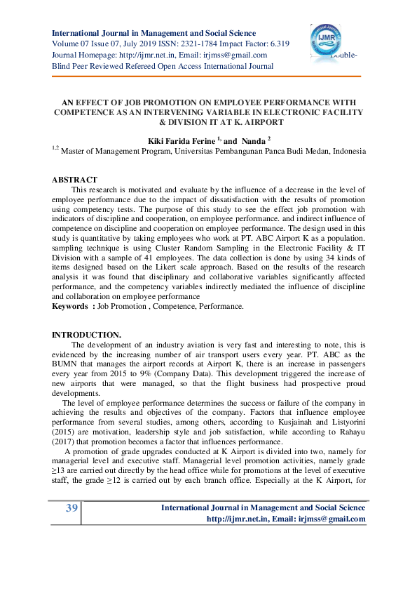 (PDF) AN EFFECT OF JOB PROMOTION ON EMPLOYEE PERFORMANCE WITH ...