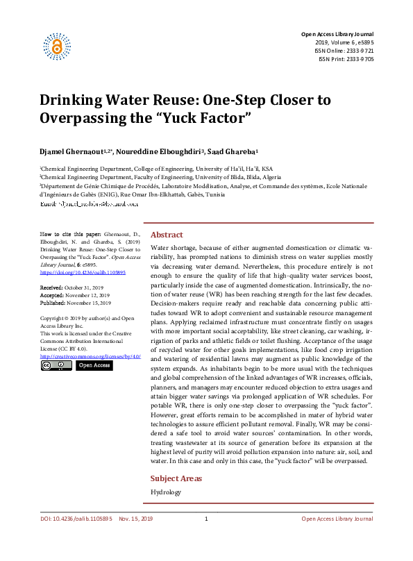 (PDF) Drinking Water Reuse: One-Step Closer to Overpassing the "Yuck ...