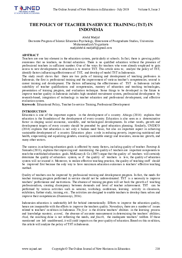 (PDF) THE POLICY OF TEACHER IN-SERVICE TRAINING (TST) IN INDONESIA